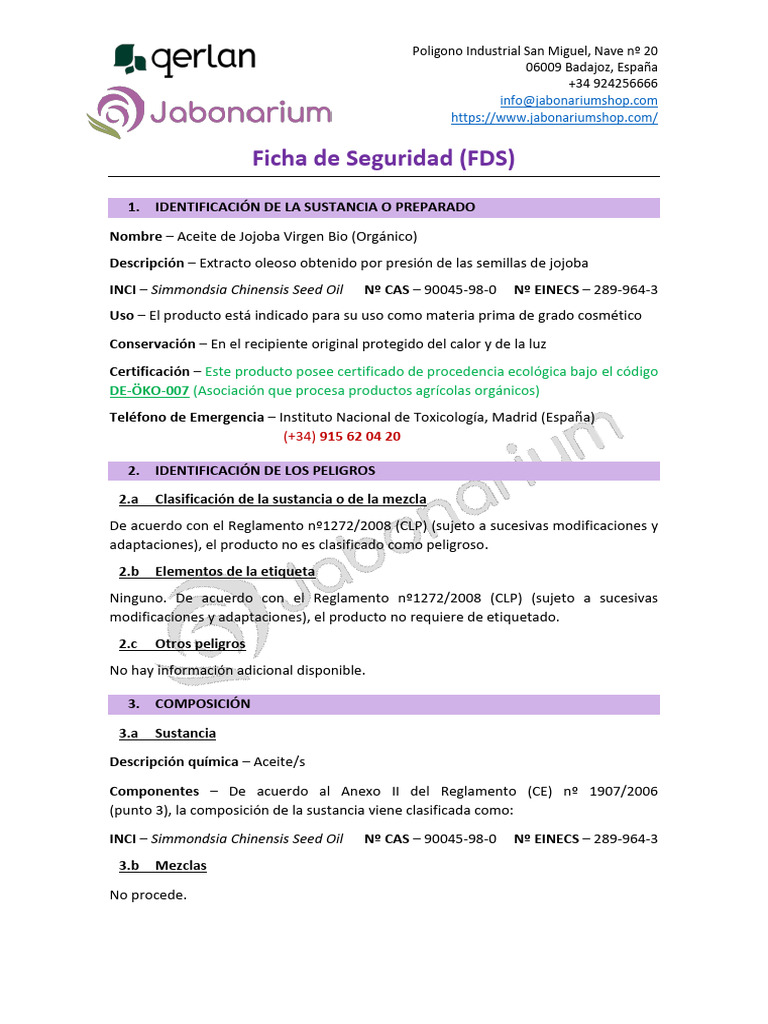 Ficha de Seguridad Fds Aceite de Jojoba Virgen Bio | PDF | Residuos | Agua
