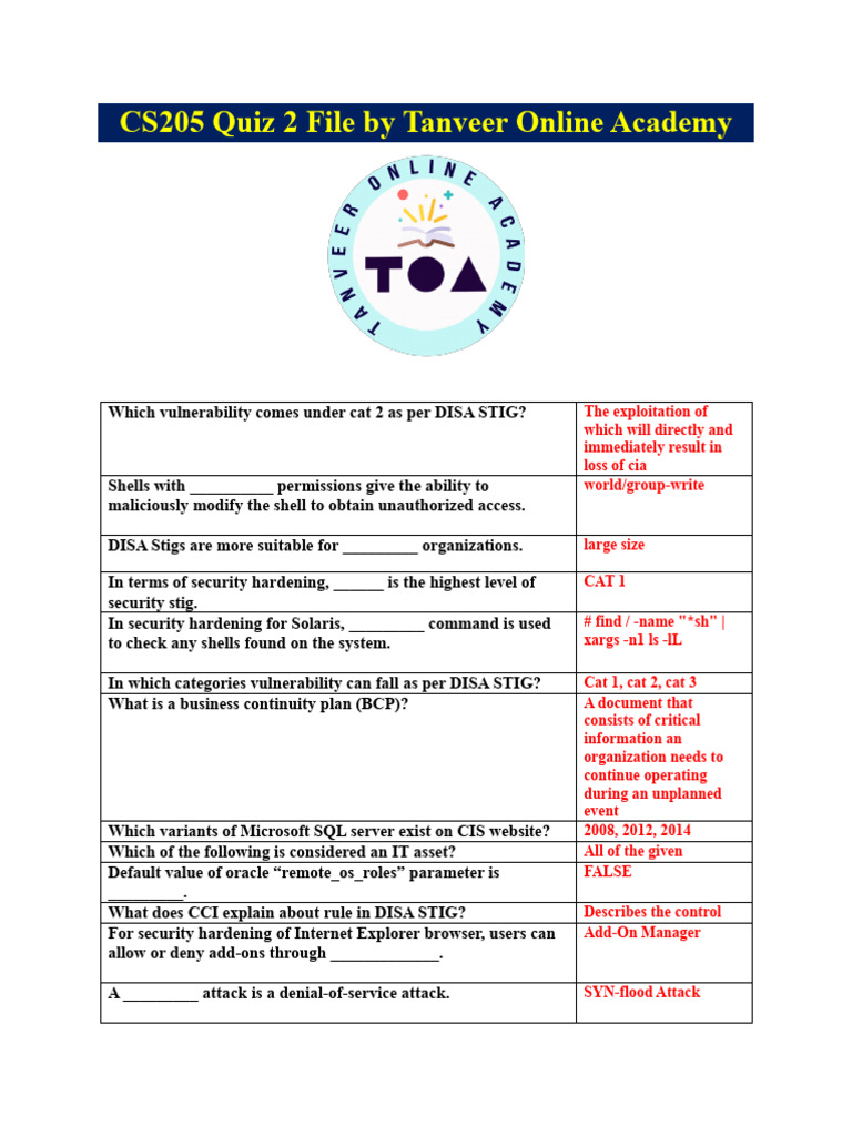 CS205 Quiz 2 File by Tanveer Online Academy | PDF | Security | Computer Security
