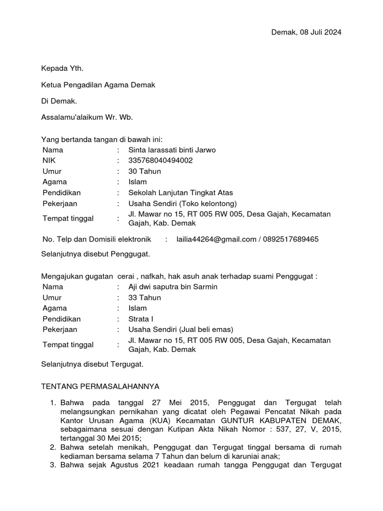 Gugatan Cerai dan Nafkah di Demak | PDF | Hukum