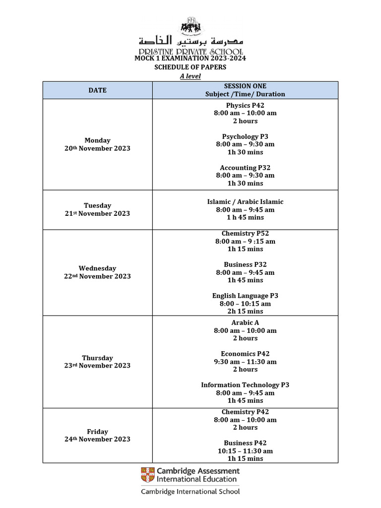 Year 13 Mock 1 Timetable | PDF | Science