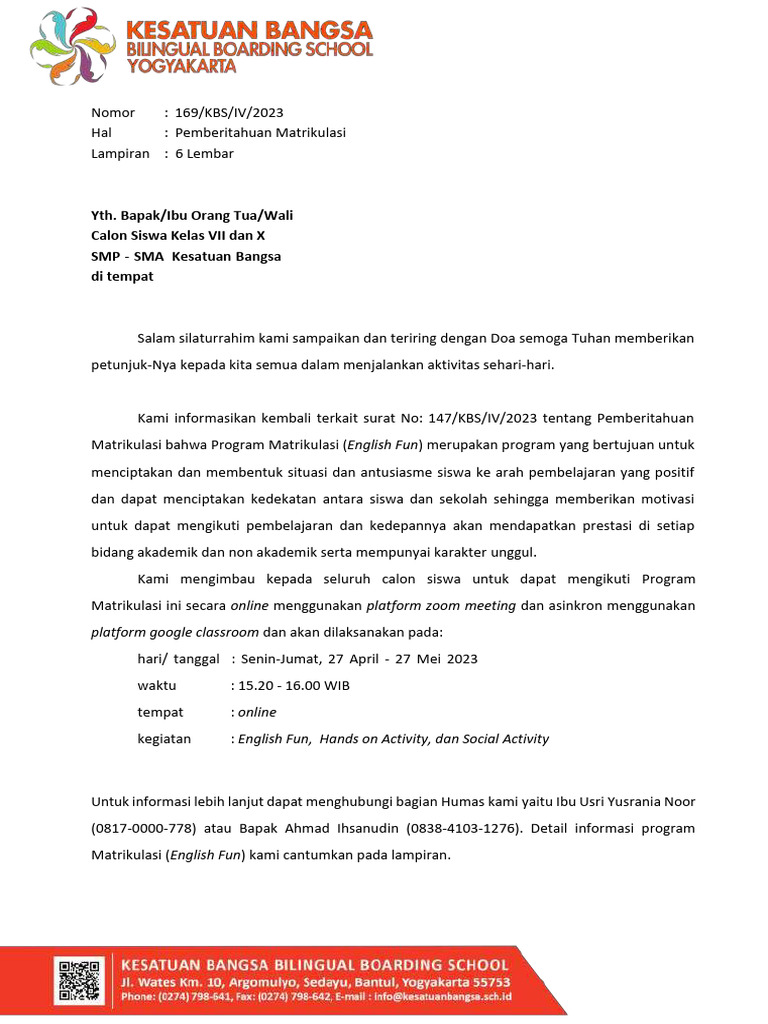 Surat Pemberitahuan Lanjutan Matrikulasi - 230425 - 140901 | PDF