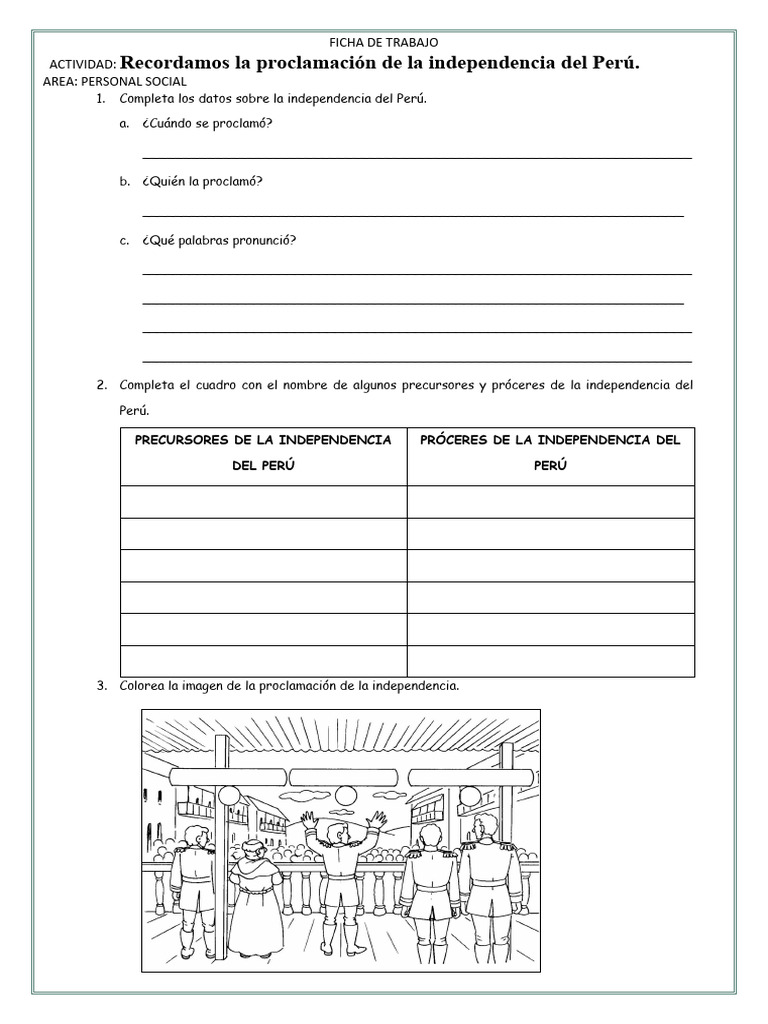Ficha - Personal Recordamos La Proclamacion de La Independencia Del ...