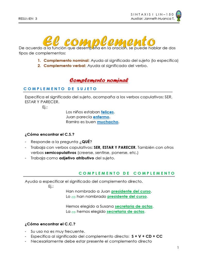 Resumen 3 Los Complementos | PDF | Verbo | Objeto (gramática)