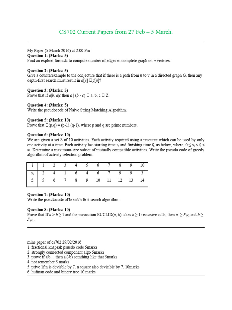 CS702 Current Papersfrom 27 Feb 1 Marchupdated | PDF | Algorithms ...