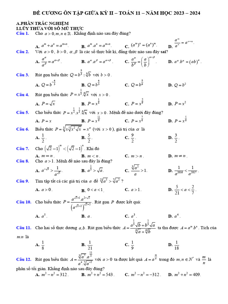 Đề cương GK2 Toán 11 | PDF
