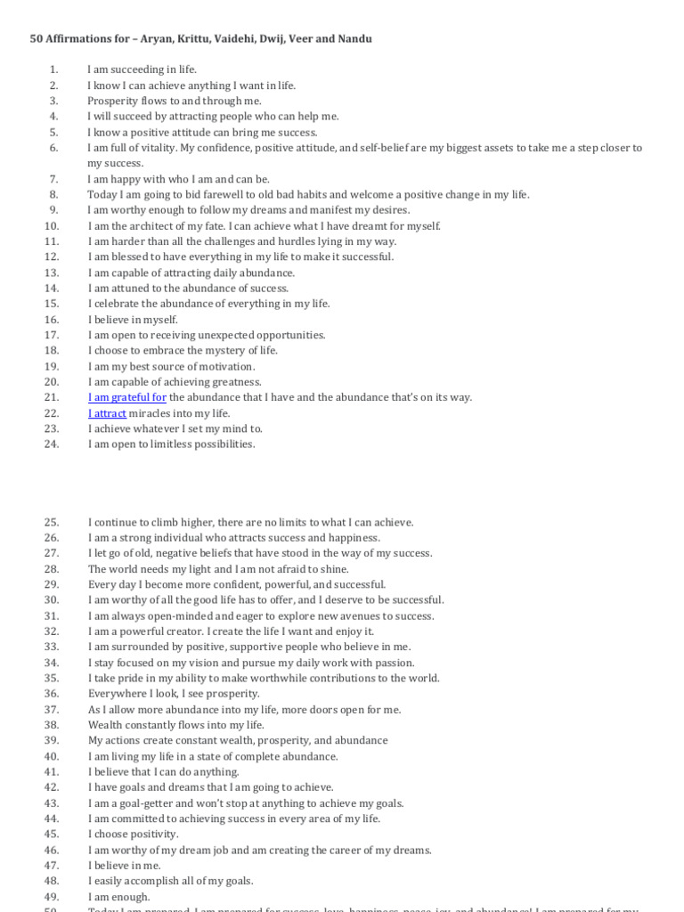 50 Affirmations For Kids | PDF | Behavioural Sciences | Psychological ...