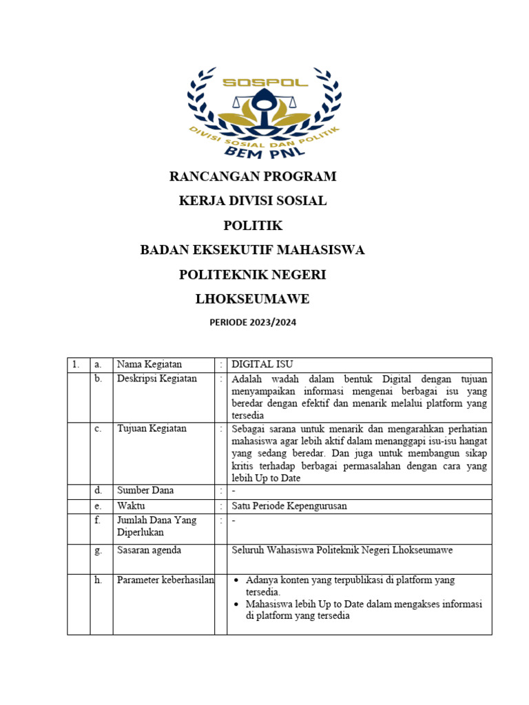 NEW RANCANGAN PROGRAM KERJA DIVISI SOSIAL POLITIK 2023-2024-1 | PDF