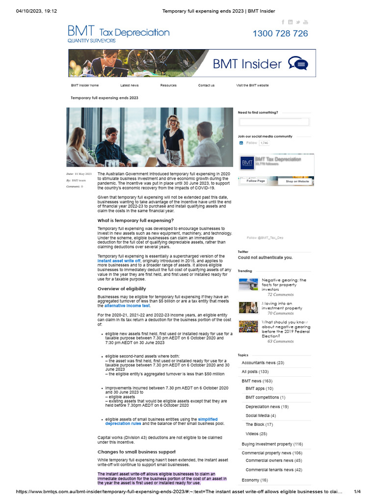 Temporary Full Expensing Ends 2023 - BMT Insider | PDF | Tax Deduction ...