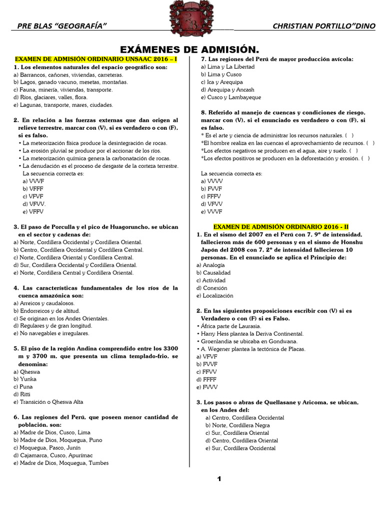 Bancos de Preguntas de Exámenes Pasados Unsaac 2016-2023 Pre Blas | PDF | Andes | Perú