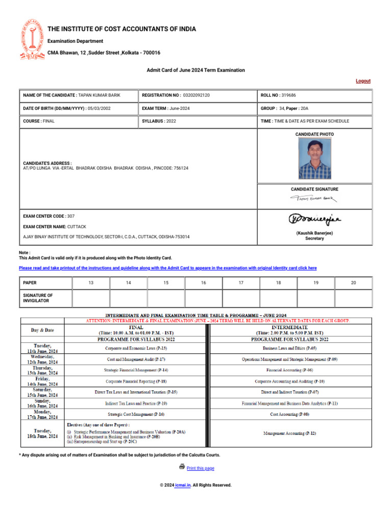 CMA Final Admit Card of June 2024 Term Examination | PDF | Government