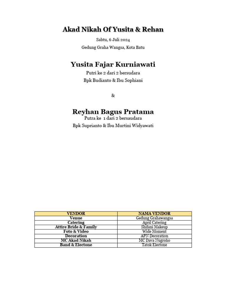 Rundown MC Yusita & Reyhan (Akad) | PDF