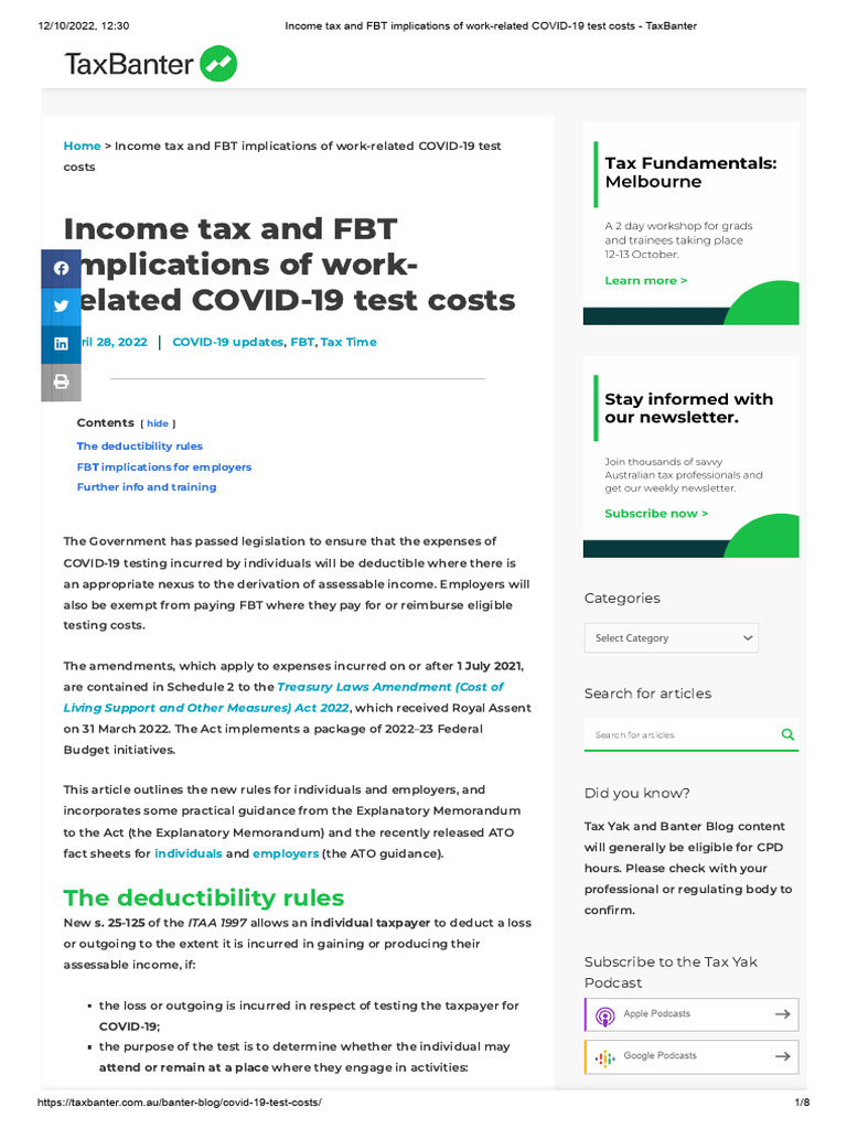 Income Tax and FBT Implications of Work-Related COVID-19 Test Costs ...