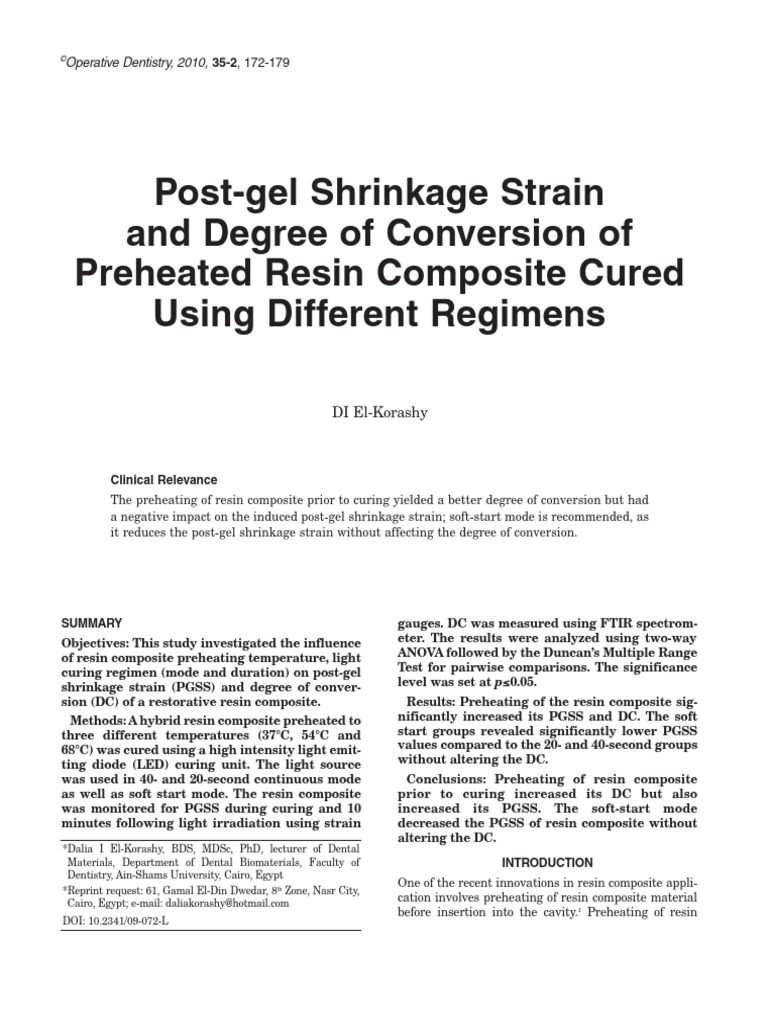 2010 Post-Gel Shrinkage Strain and Degree of Conversion of Preheated ...