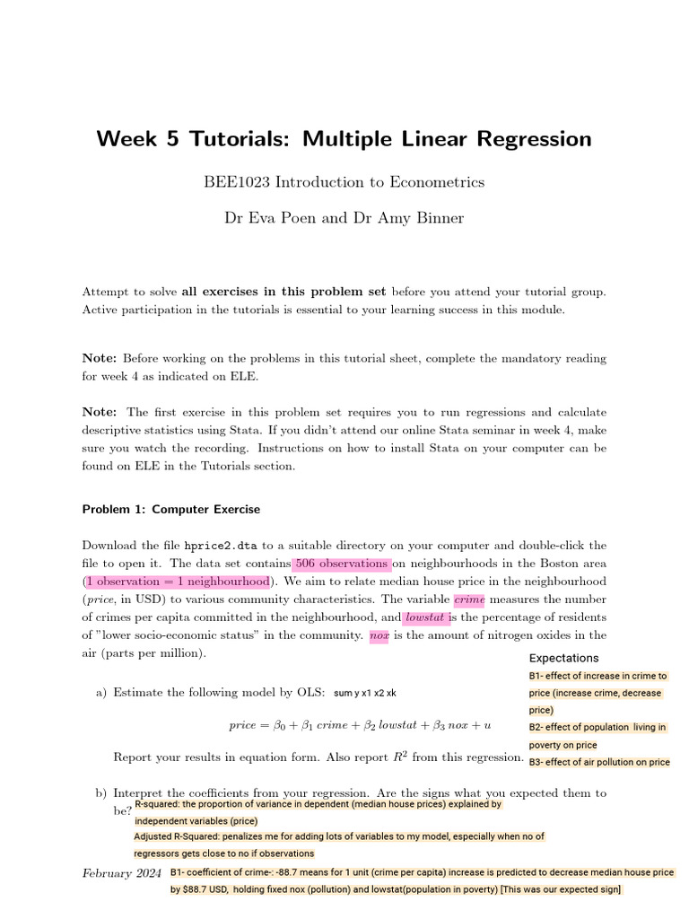Econometrics - Week 5 Tutorials 2024 | PDF | Coefficient Of Determination | Applied Statistics