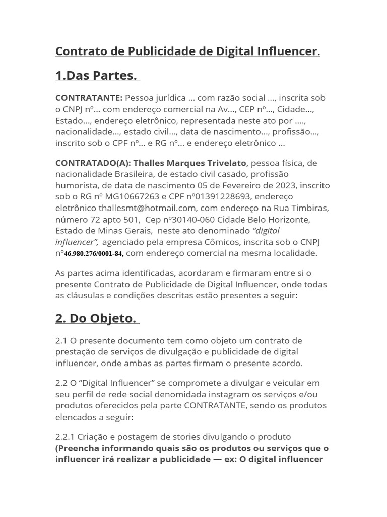 Contrato de Divulgação Digital Influencer | PDF | Publicidade