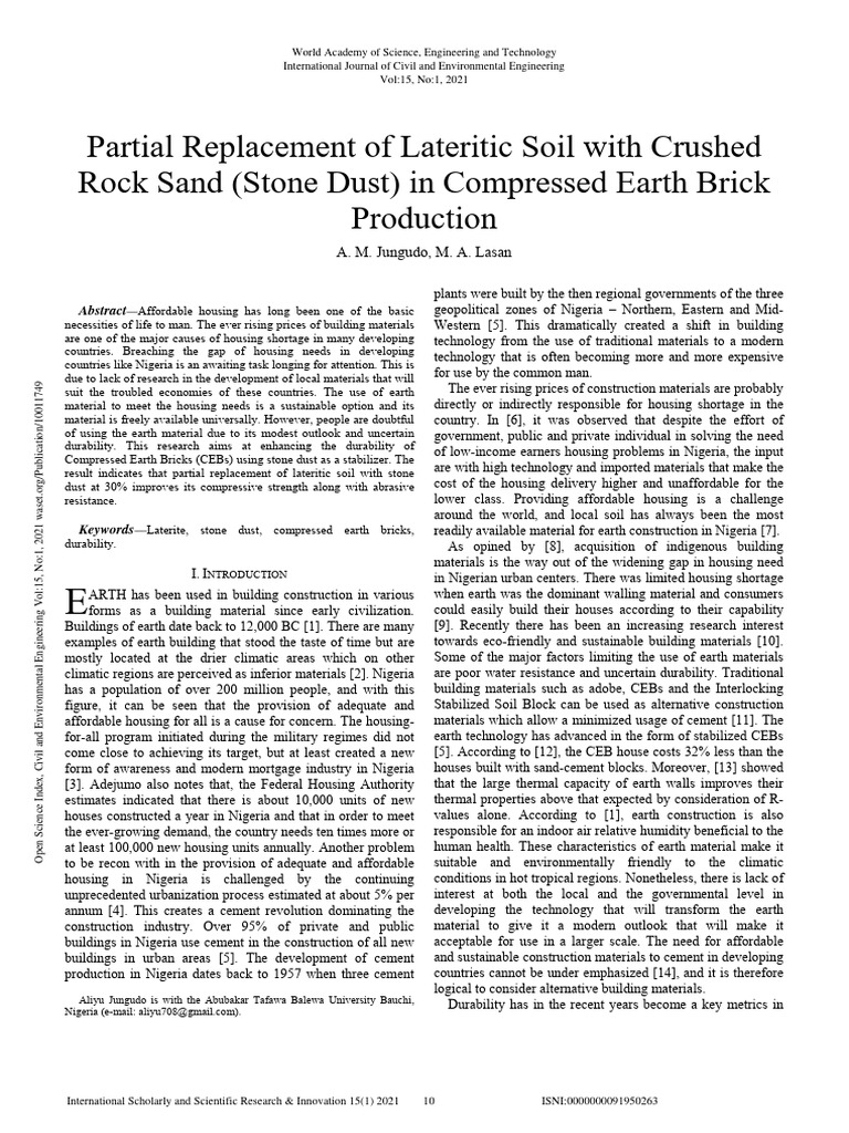 Partial Replacement of Lateritic Soil With Crushed Rock Sand Stone Dust ...