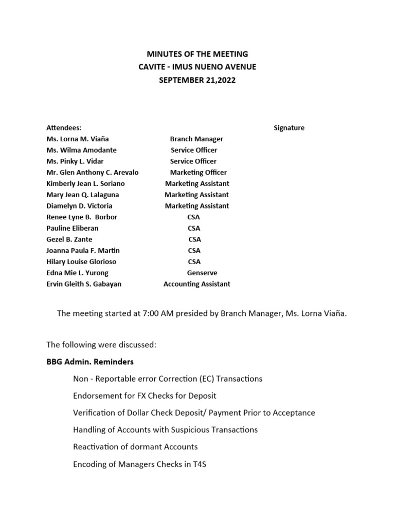 MINUTES OF THE MEETING | Download Free PDF | Cheque | Cash