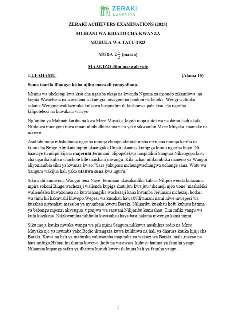 Kiswahili - Kiswahili Form 1 - Question Paper | PDF