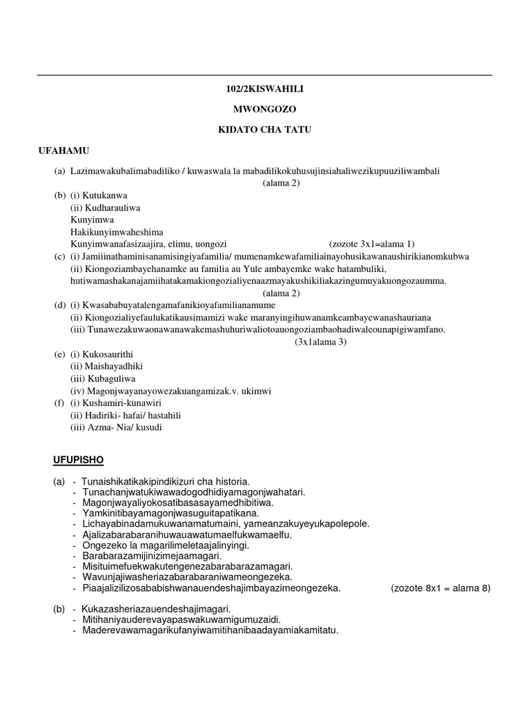 Kiswahili Paper 2 Marking Scheme Form 3 Mid Term 2 Exams 2017 | PDF