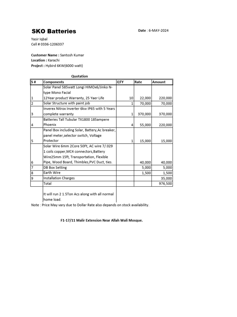 Solar Quotation 6kw With Tall Tubular Santosh Kumar | PDF
