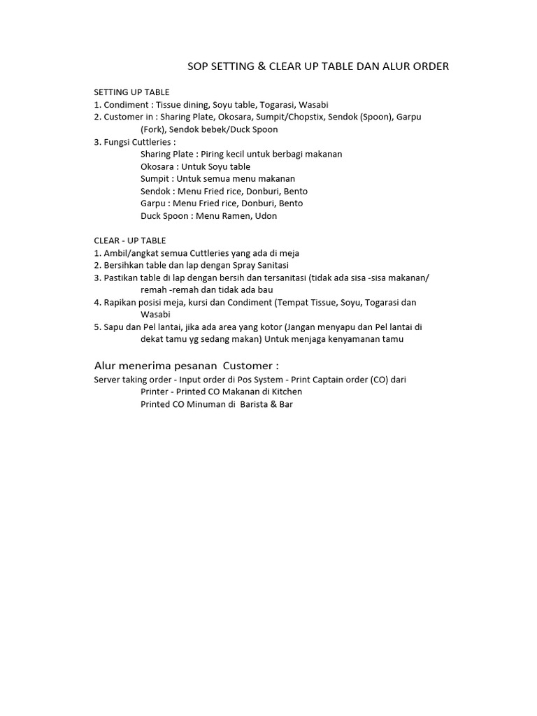 Sop Table Setting | PDF | Kesehatan Holistik