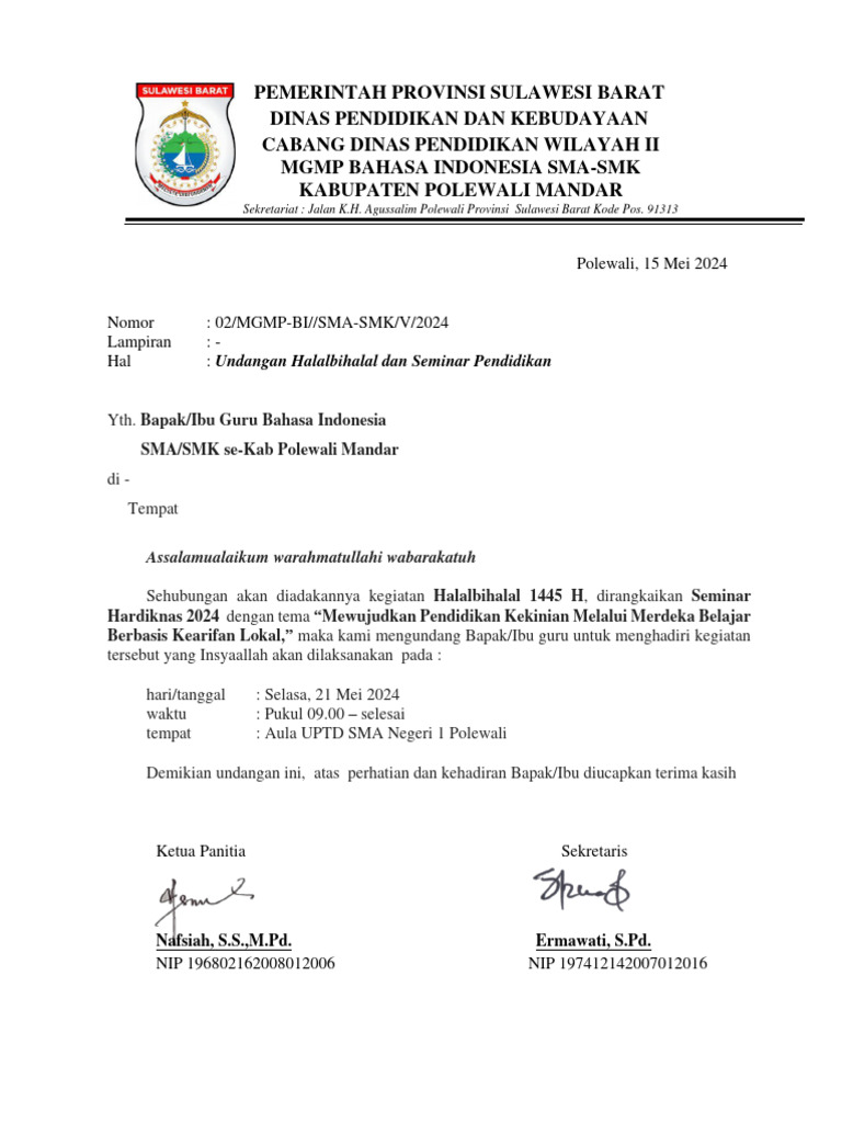 Surat Und. Halalbihalal & Seminar MGMP Bindo 2024 | PDF | Kajian Bahasa Asing