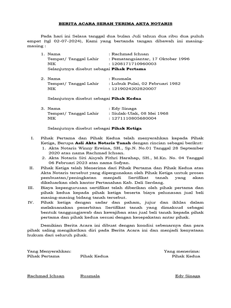 Contoh Berita Acara Serah Terima Sertifikat Tanah Aset | PDF