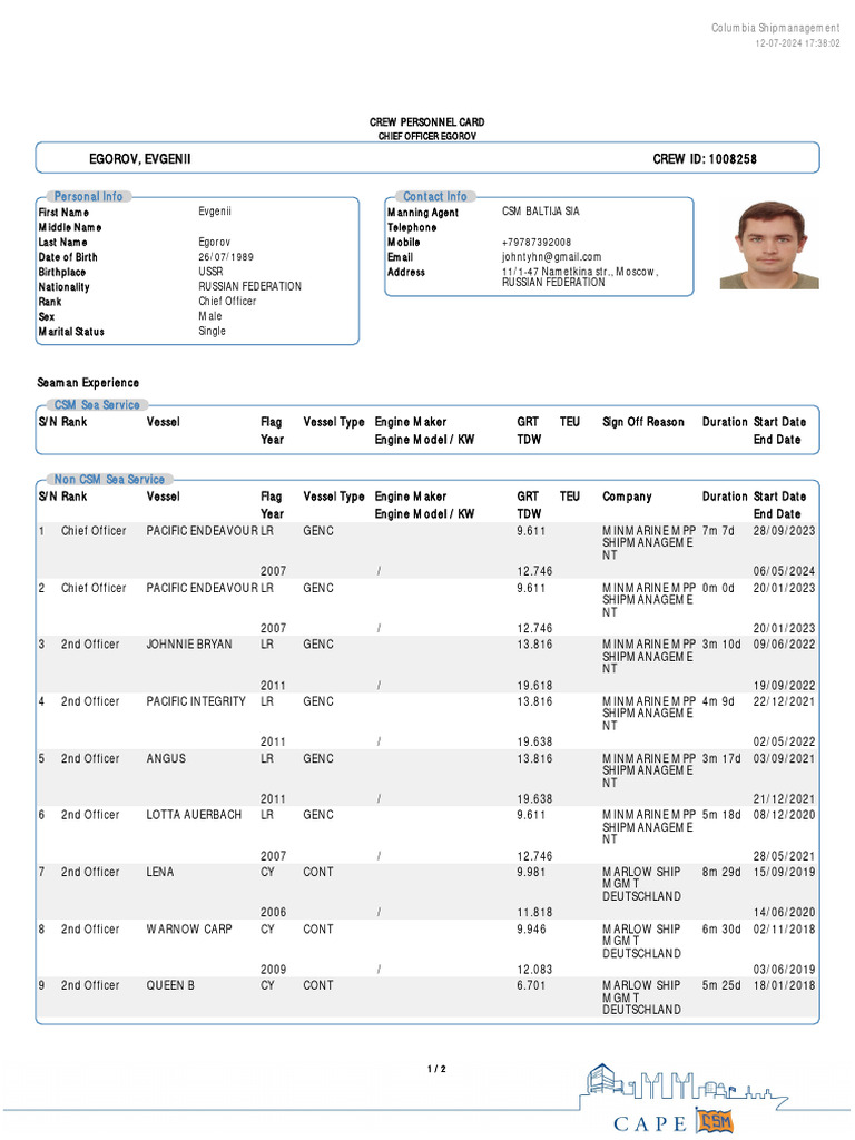 CV - CH OFF Egorov Evgenii | PDF | Shipping | Water Transport