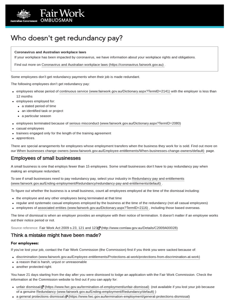 Redundancy - Who Doesn't Get Redundancy Pay - Fair Work Ombudsman | PDF ...