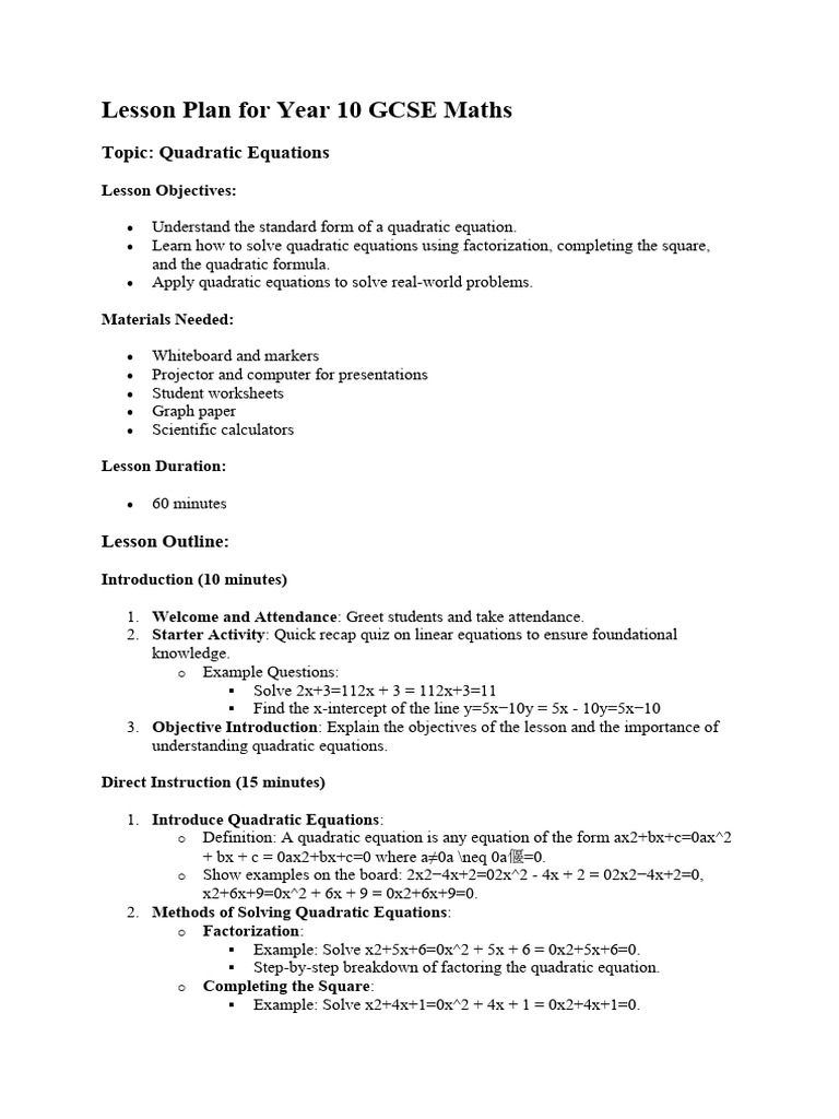 Lesson Plan for Year 10 GCSE Maths | PDF | Quadratic Equation | Equations