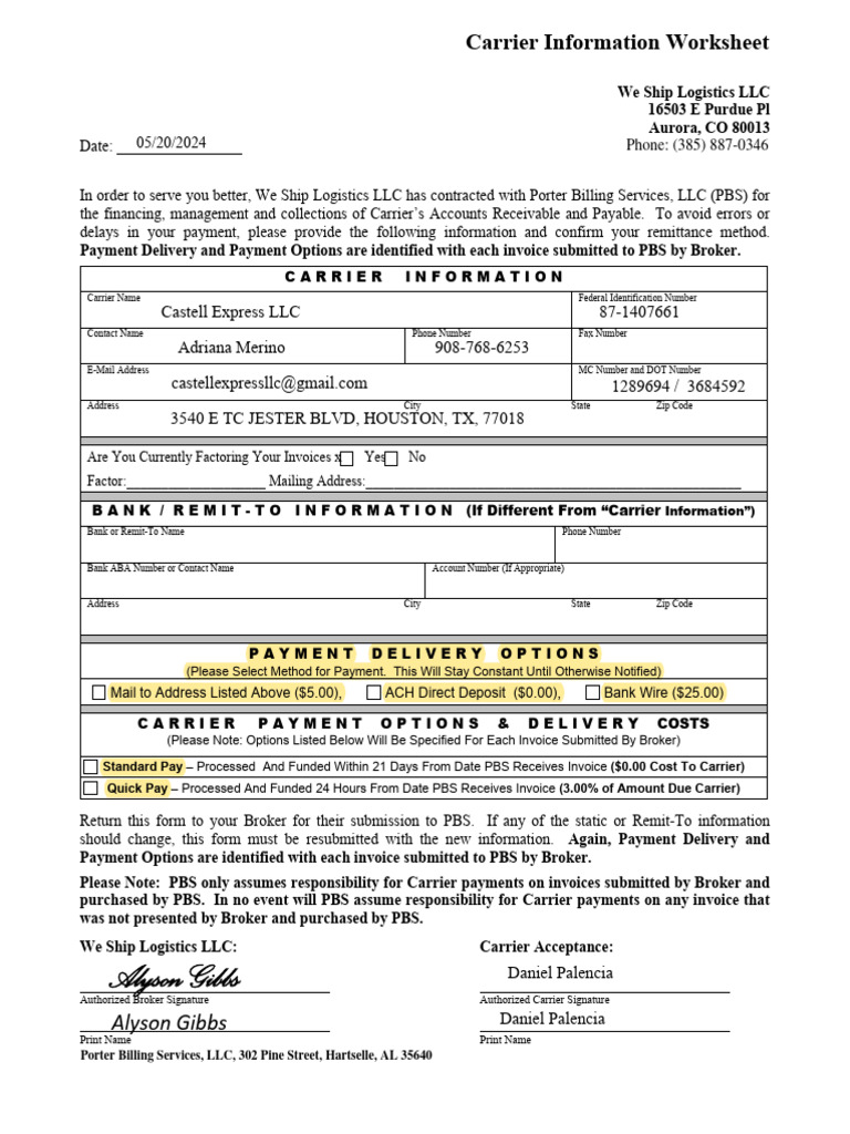 We Ship Carrier Packet | PDF | Invoice | Payments