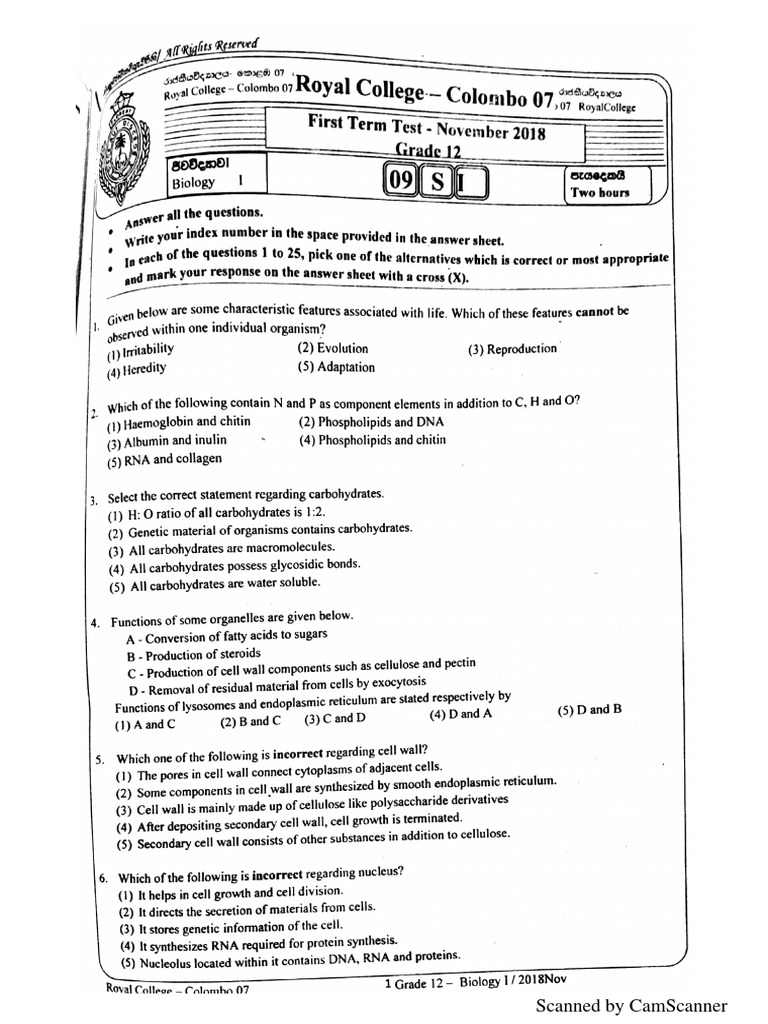 2018 Royal College Biology Grade 12 1st Term Test Paper (English Medium ...