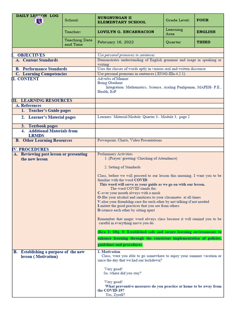 Lesson Plan in English-Cot-Objective 1 and 3-8 | PDF | Curriculum ...