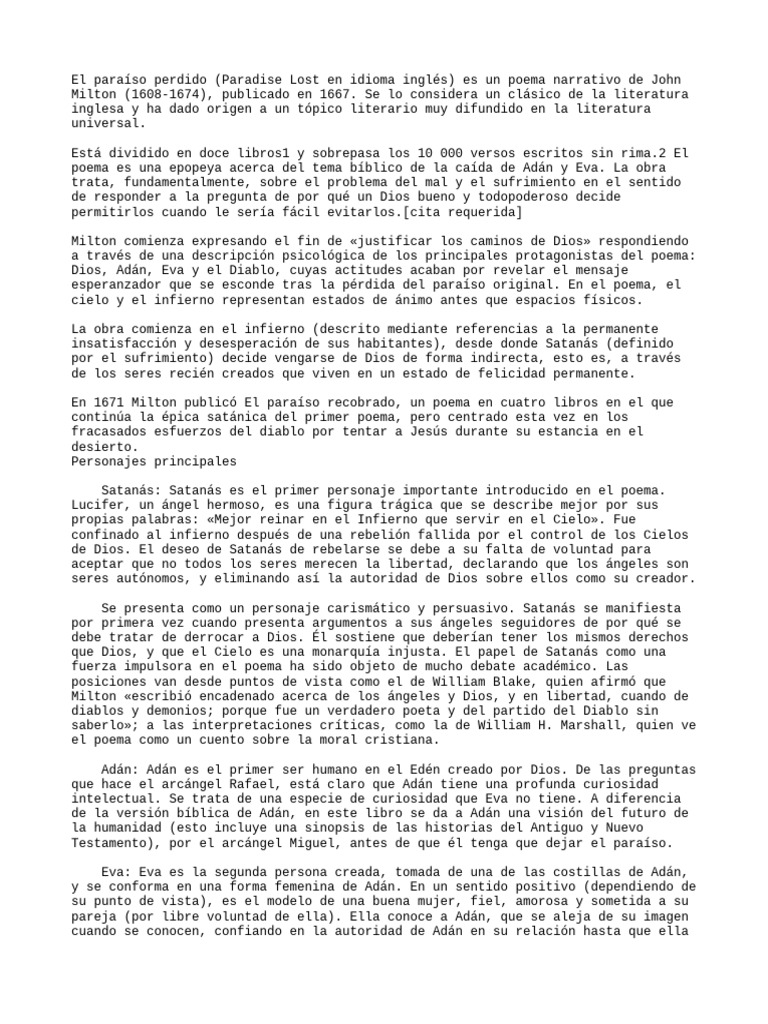 Análisis de "El Paraíso Perdido" de Milton | PDF | paraíso perdido ...