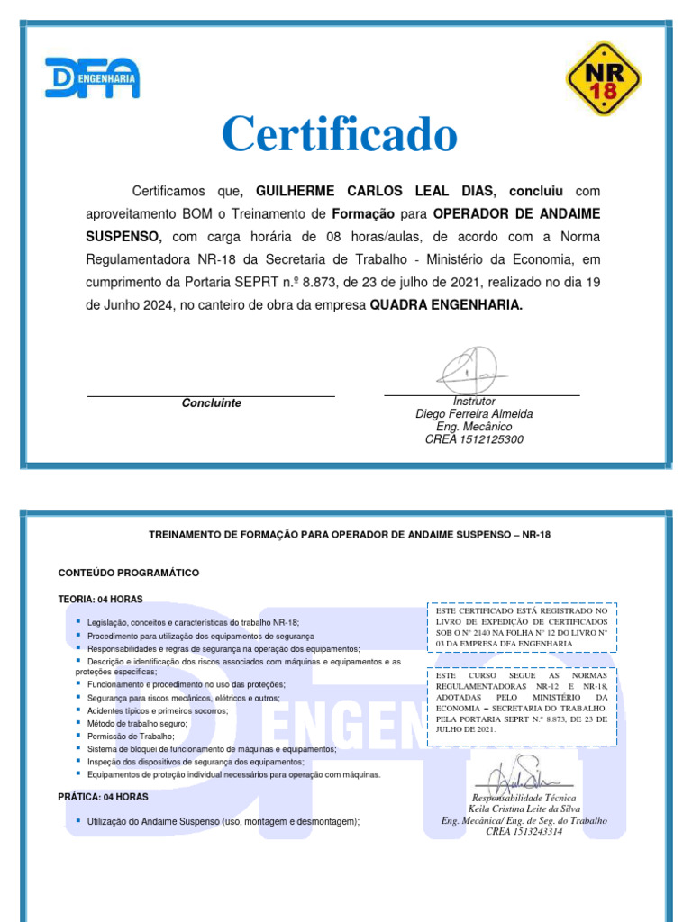 Certificado de Treinamento NR-18 Andaime | PDF | Engenharia
