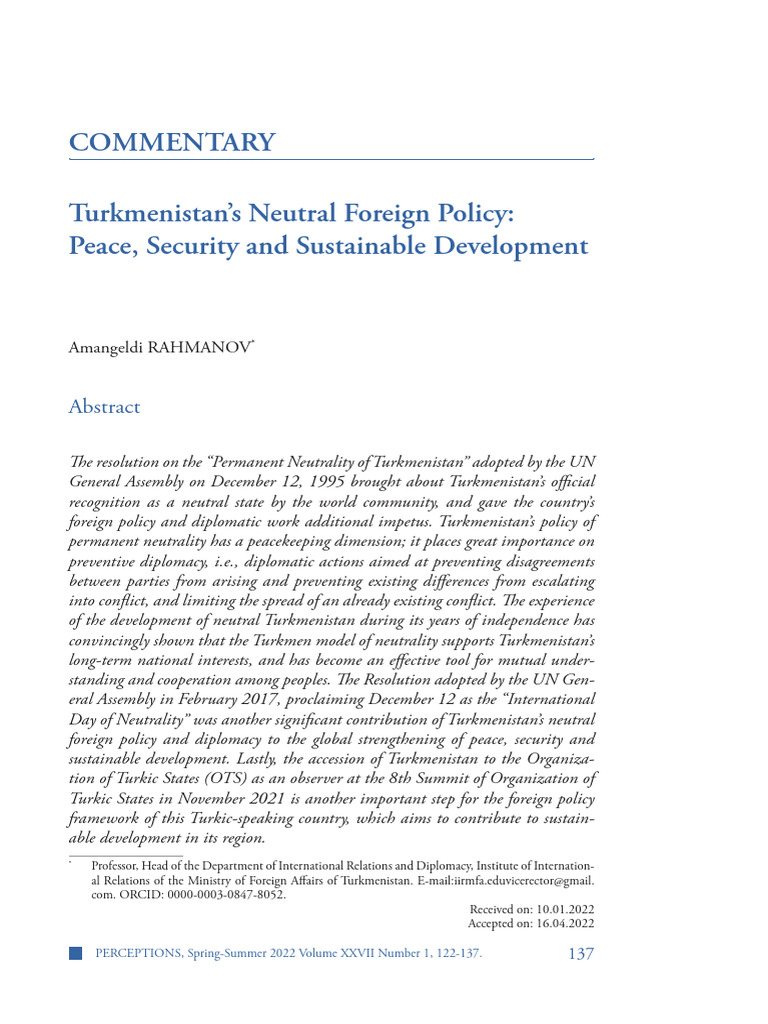 Turkmenistan - S Neutral Foreign Policy - Peace, Security and ...