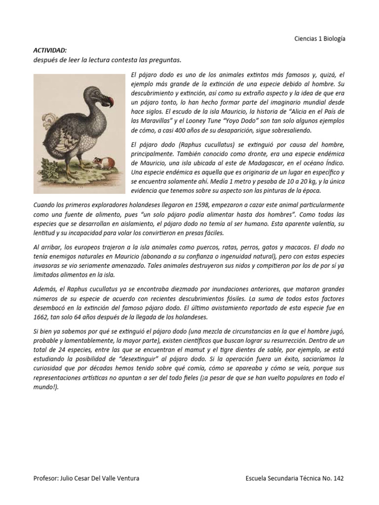El Pajaro Dodo Animales en Peligro de Extincion | PDF | Zoología