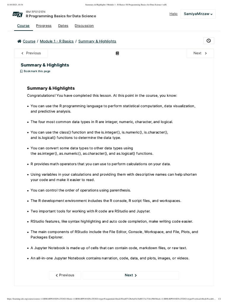 Summary & Highlights - Module 1 - R Basics - R Programming Basics For Data Science - Edx | PDF ...