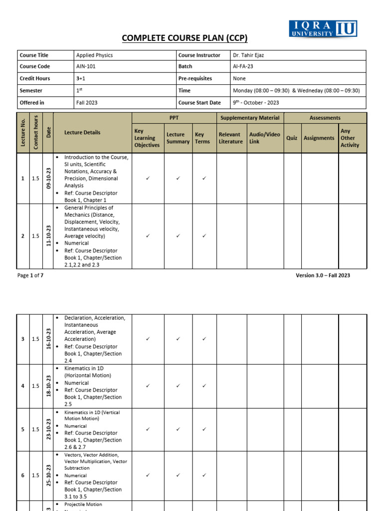 CCP (AI) - Applied Physics Fall 2023 | PDF | Force | Acceleration