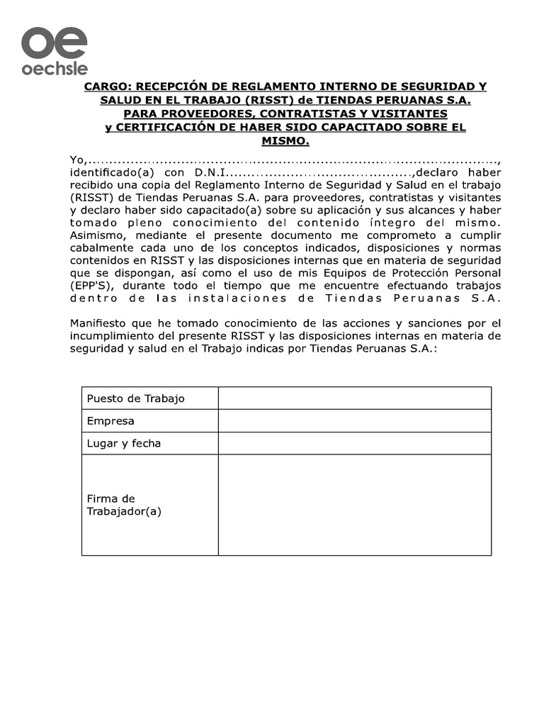 SEG_FR047 Cargo de Recepción de Reglamento Interno de Seguridad y Salud en El Trabajo (RISST) | PDF