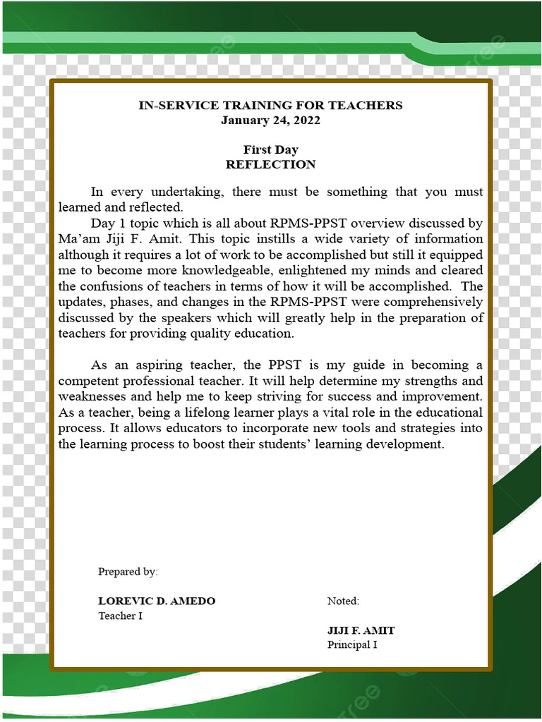 Reflection Day 1-January 25, 2024 | PDF | Teachers | Social Psychology