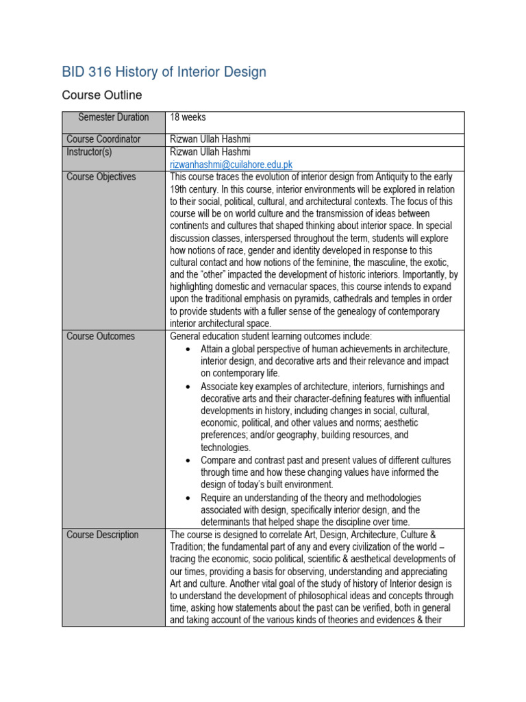 BID 316 History of Interior Design Course Outline | PDF | Design | Theory