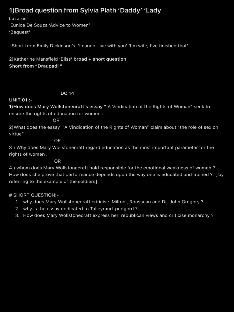 1) Broad Question From Sylvia Plath Daddy' Lady | PDF | Philosophy