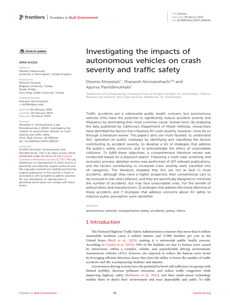 Investigating The Impacts Of Autonomous Vehicles On Crash Severity And Traffic Safety Pdf