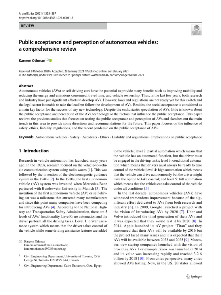 Public Acceptance and Perception of Autonomous Vehicles A Comprehensive Review | PDF | Traffic ...