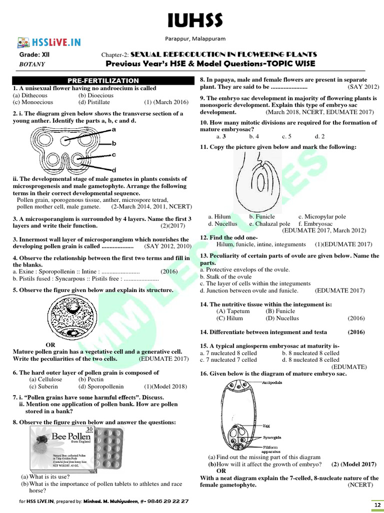 Hsslive-2-B - Sexual Reproduction in F.P, Previous Yr HSE N Model ...
