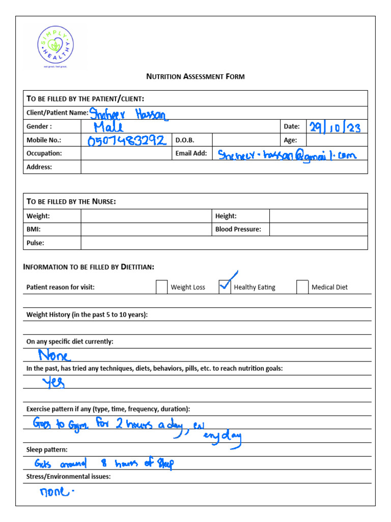 Patient Nutrition Assessment Form | PDF | Diet (Nutrition) | Diet ...