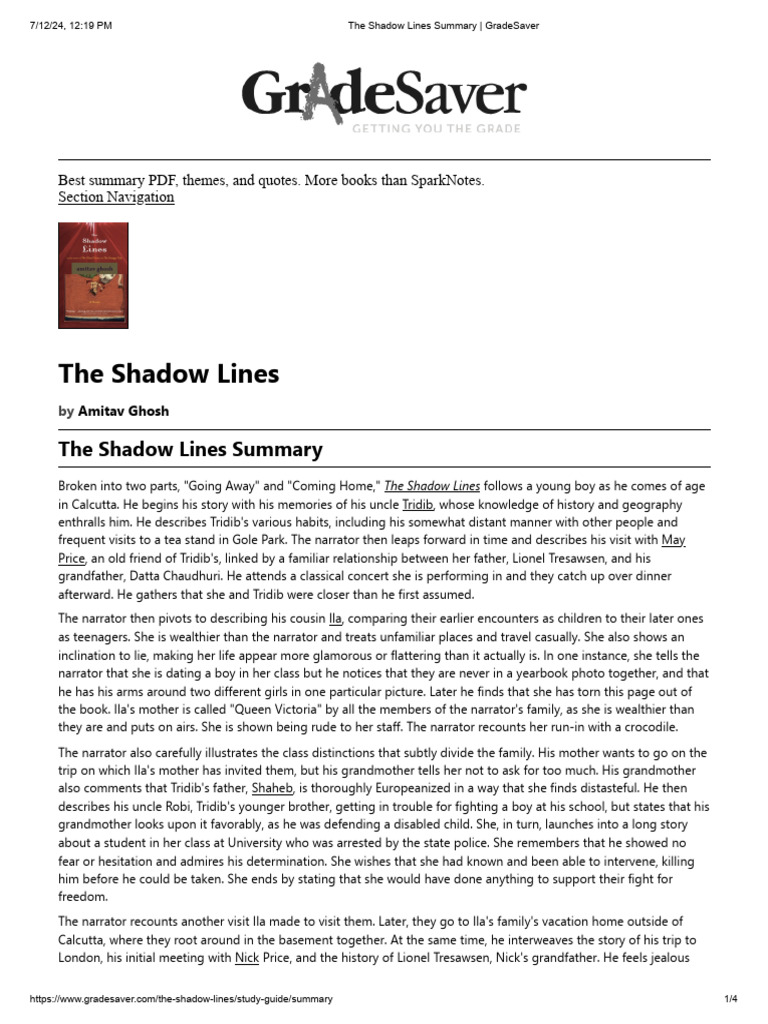 The Shadow Lines Summary - GradeSaver | PDF | Mystery, Thriller & Crime Fiction | General Fiction