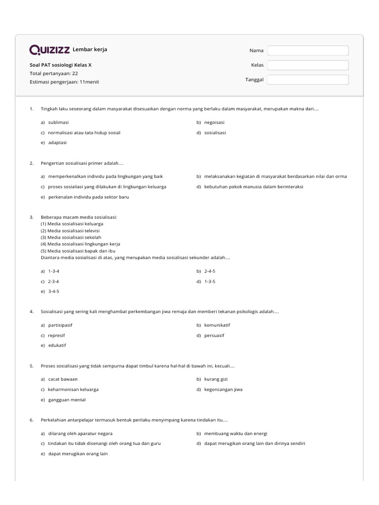 Soal PAT Sosiologi Kelas X Quizizz | PDF