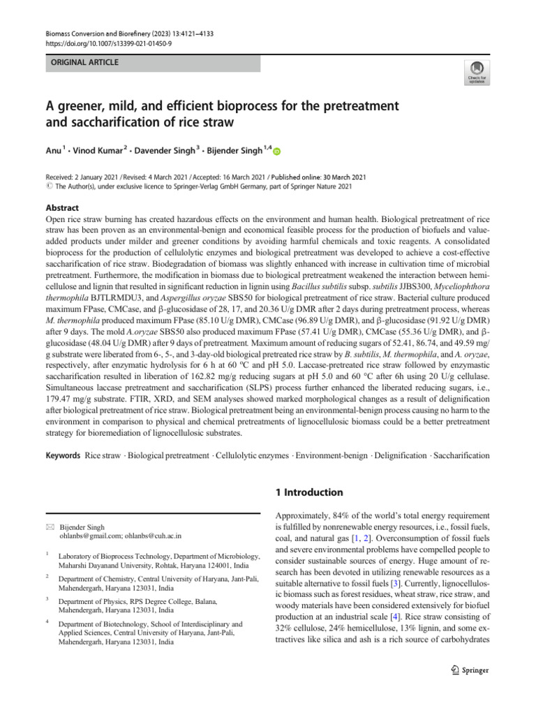 A Greener, Mild, and Efficient Bioprocess For The Pretreatment and ...